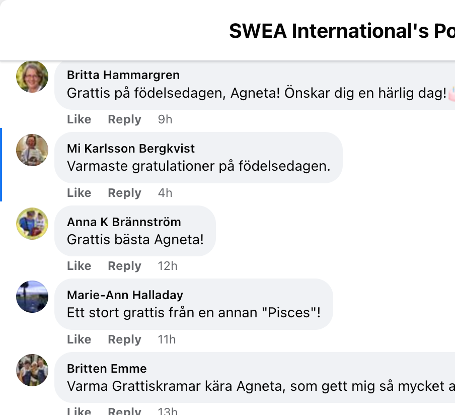 Kommentarer från Sweor - Agnetas födelsedagen - SWEA International